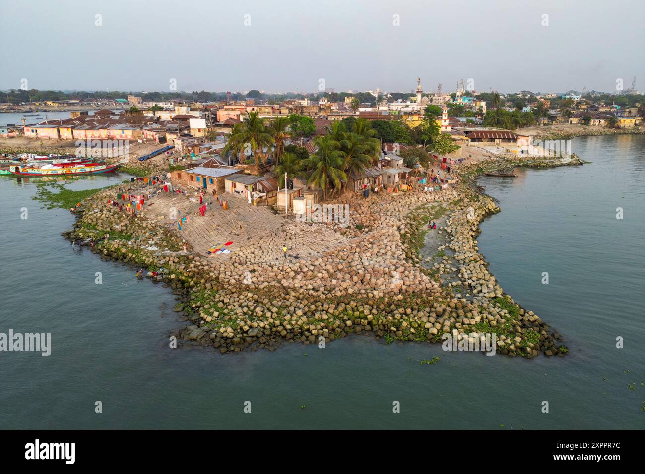 Aerial of peninsula at the confluence of Dakatiya river and Meghna ...
