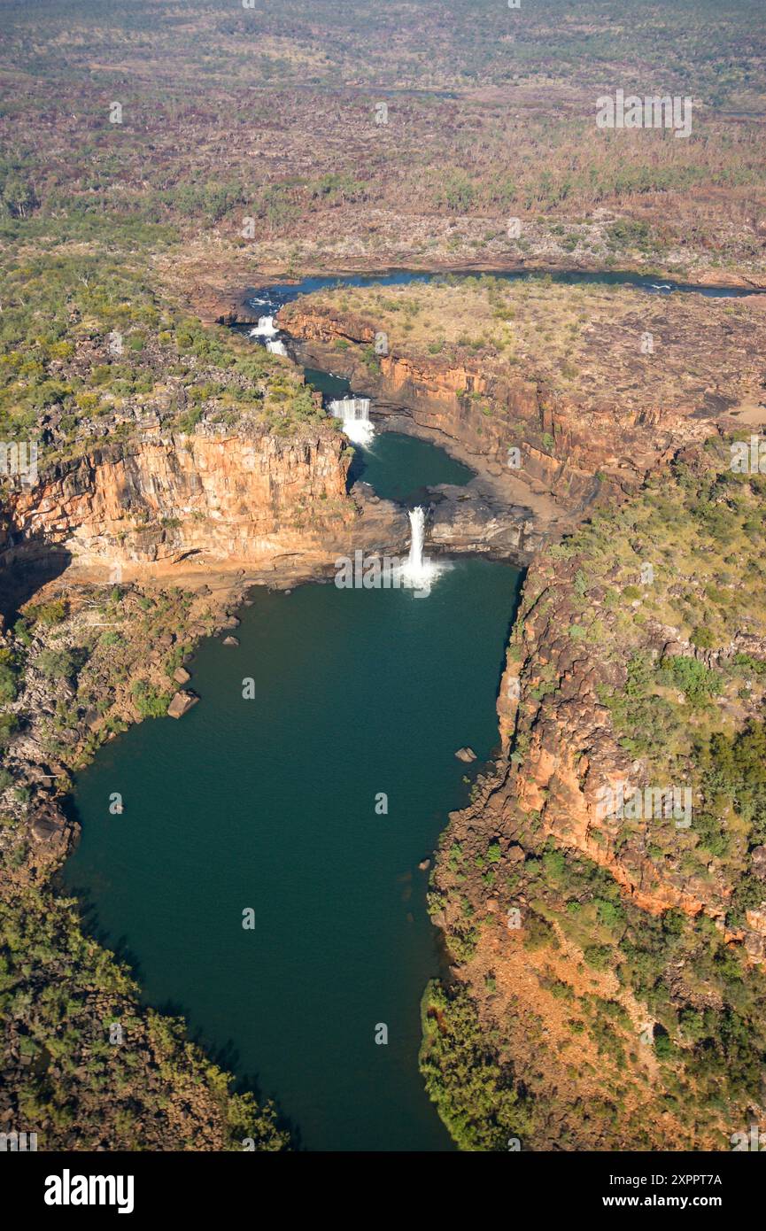 Wide angle aerial view of the triple cascades of Mitchell Falls, North ...