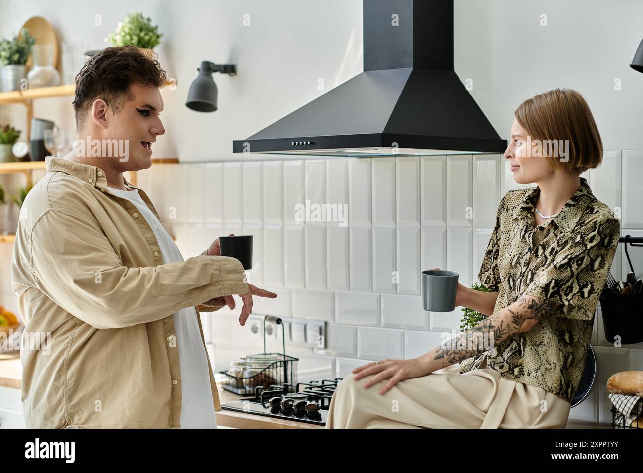 A vibrant conversation between two friends sharing coffee in a cozy ...