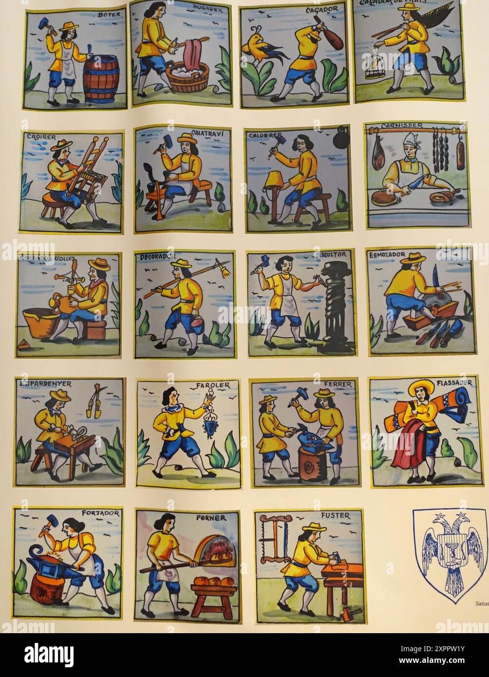 Panel showing medieval professions, Castell de Bellver, Majorca Stock ...