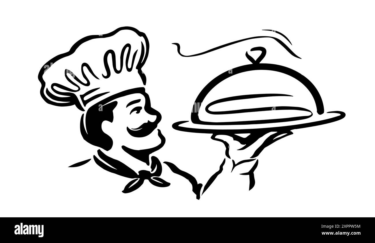 Chef with cloche, tray of food in hand emblem. Restaurant or cafe logo ...