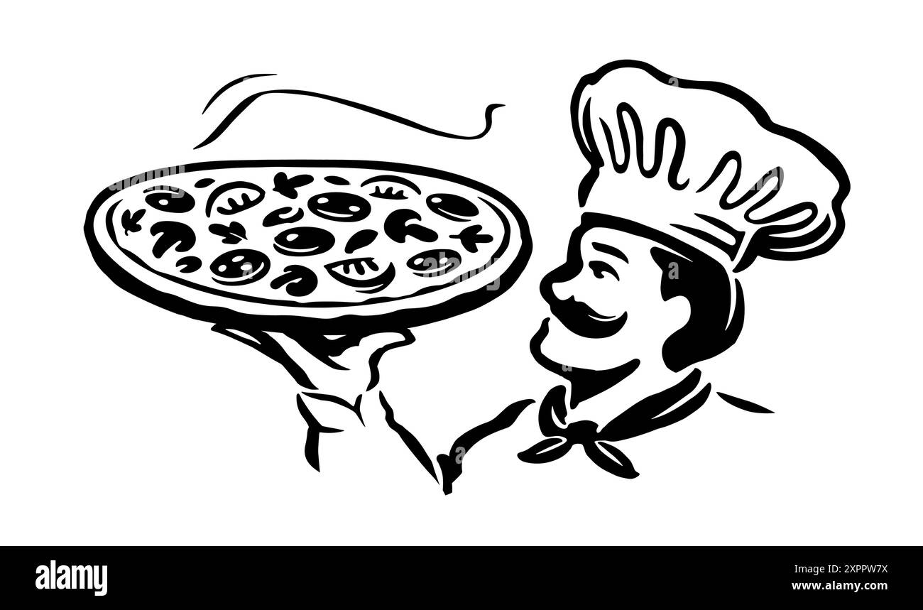 Chef with pizza tray in hand emblem. Italian food, restaurant or ...