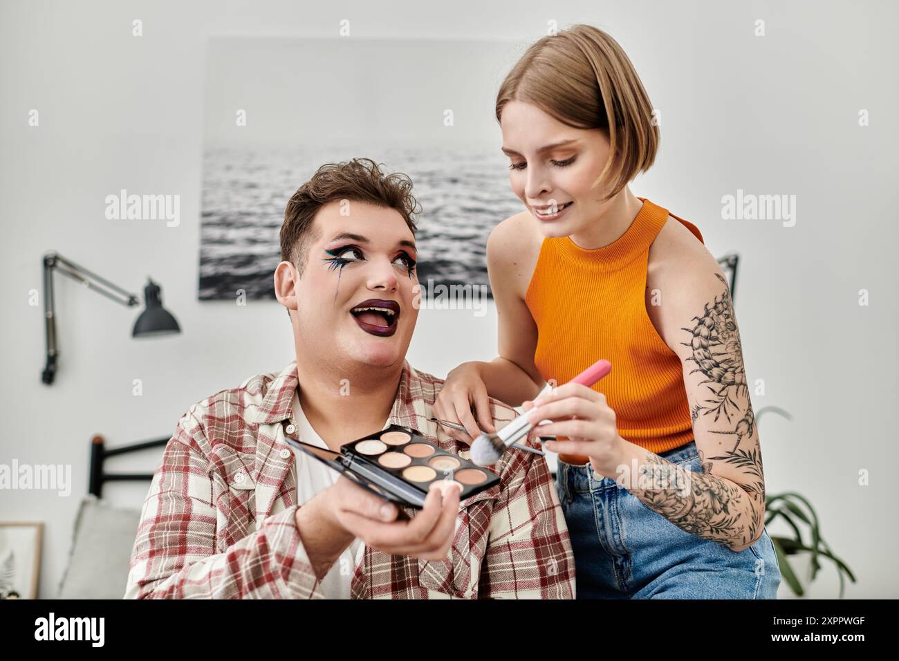 A vibrant duo enjoying creativity and connection while applying makeup ...