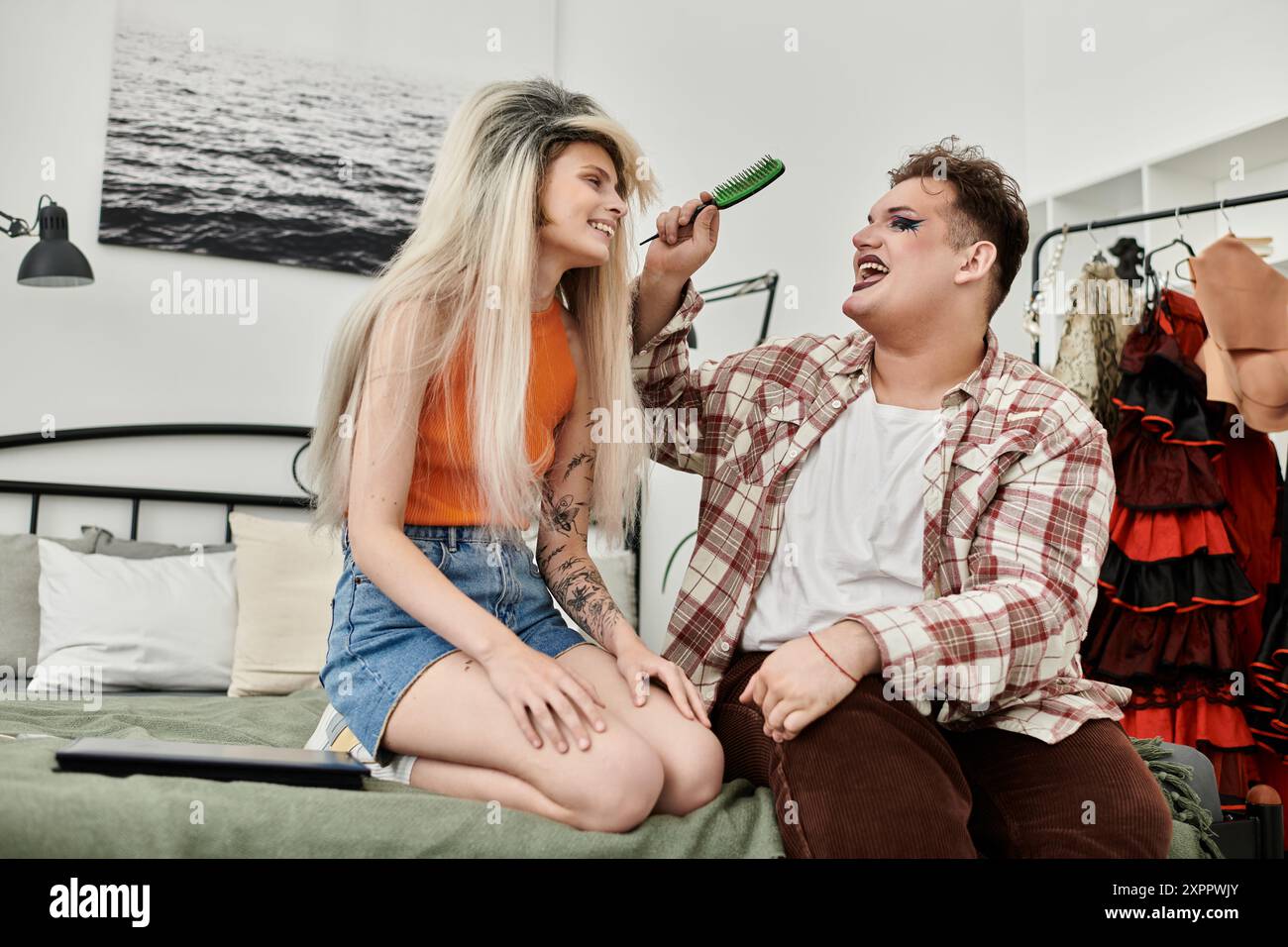 A vibrant moment shared between friends while getting ready together ...