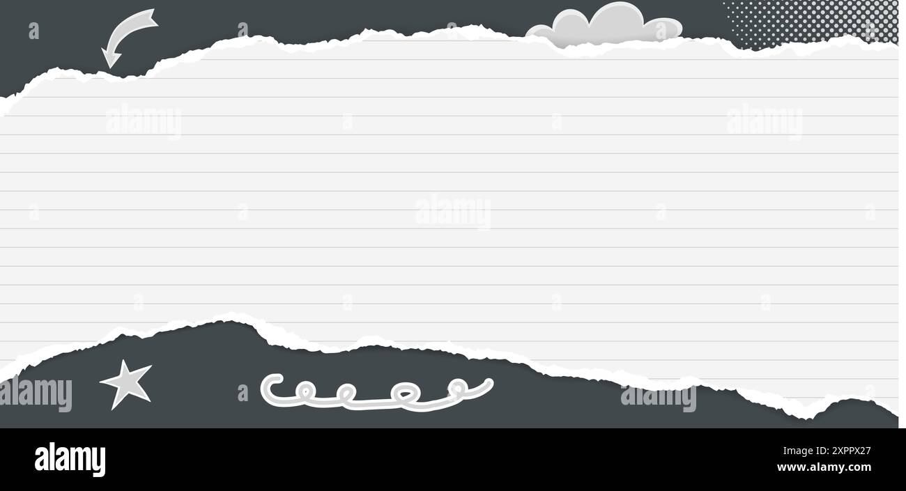 White lined paper strip with torn edges and soft shadow is on black ...