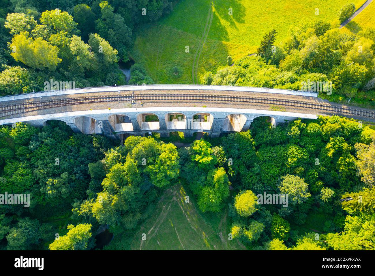 An aerial view showcases the Sychrov Railway Bridge in Czechia ...