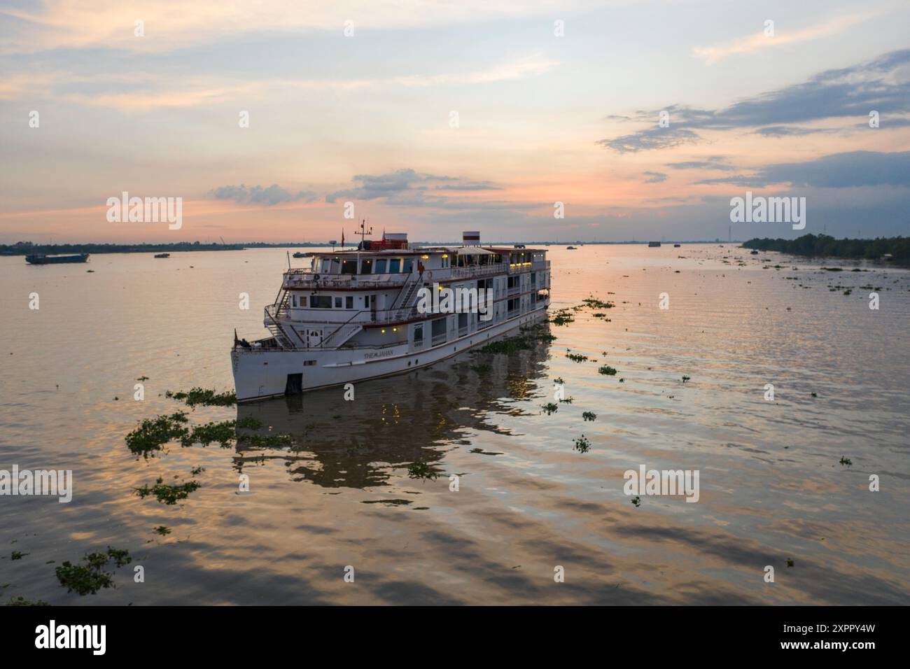 Aerial view of river cruise ship The Jahan (Heritage Line) on Mekong ...