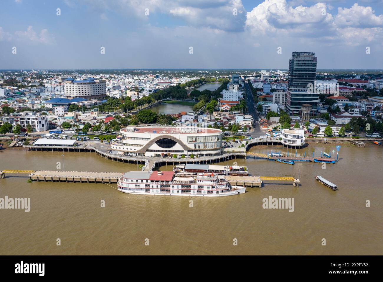 Aerial view of river cruise ship The Jahan (Heritage Line) docked at ...