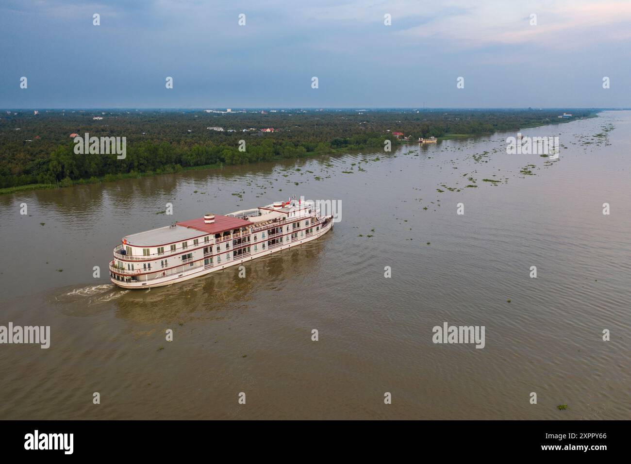 Aerial view of river cruise ship The Jahan (Heritage Line) on Mekong ...
