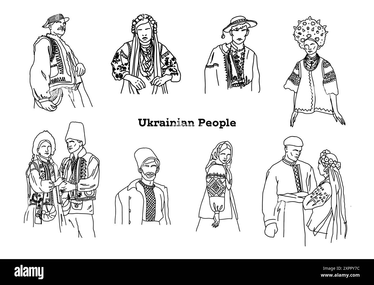 Black linear Slavic people in Ukrainian folk costumes Stock Vector ...