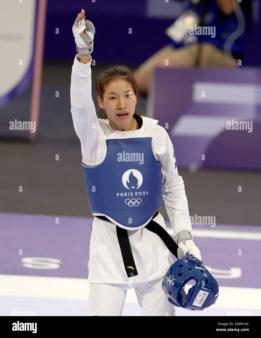 Paris, France. 7th Aug, 2024. Guo Qing of China reacts after the women's 49kg quarterfinal of ...