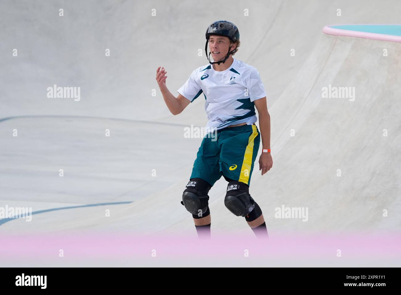 Australia's Keegan Palmer celebrates during the men's skateboarding ...
