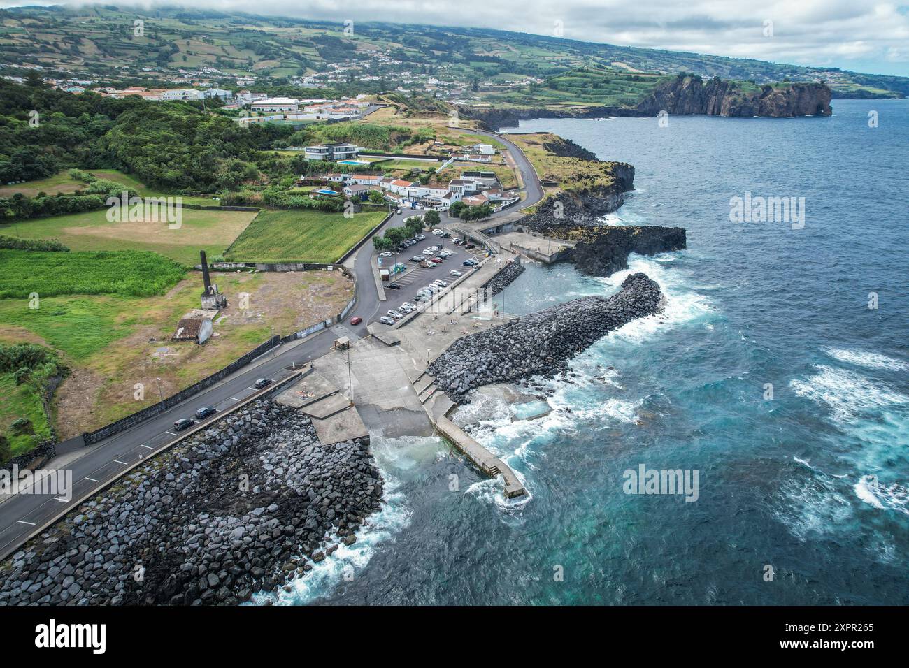 Aerial view of the volcanic geothermal pools at Pocos de Sao Vicente de ...