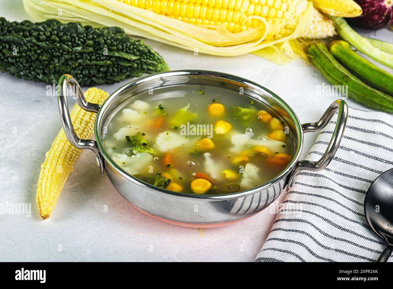 Vegan Soup with corn and broccoli Stock Photo - Alamy