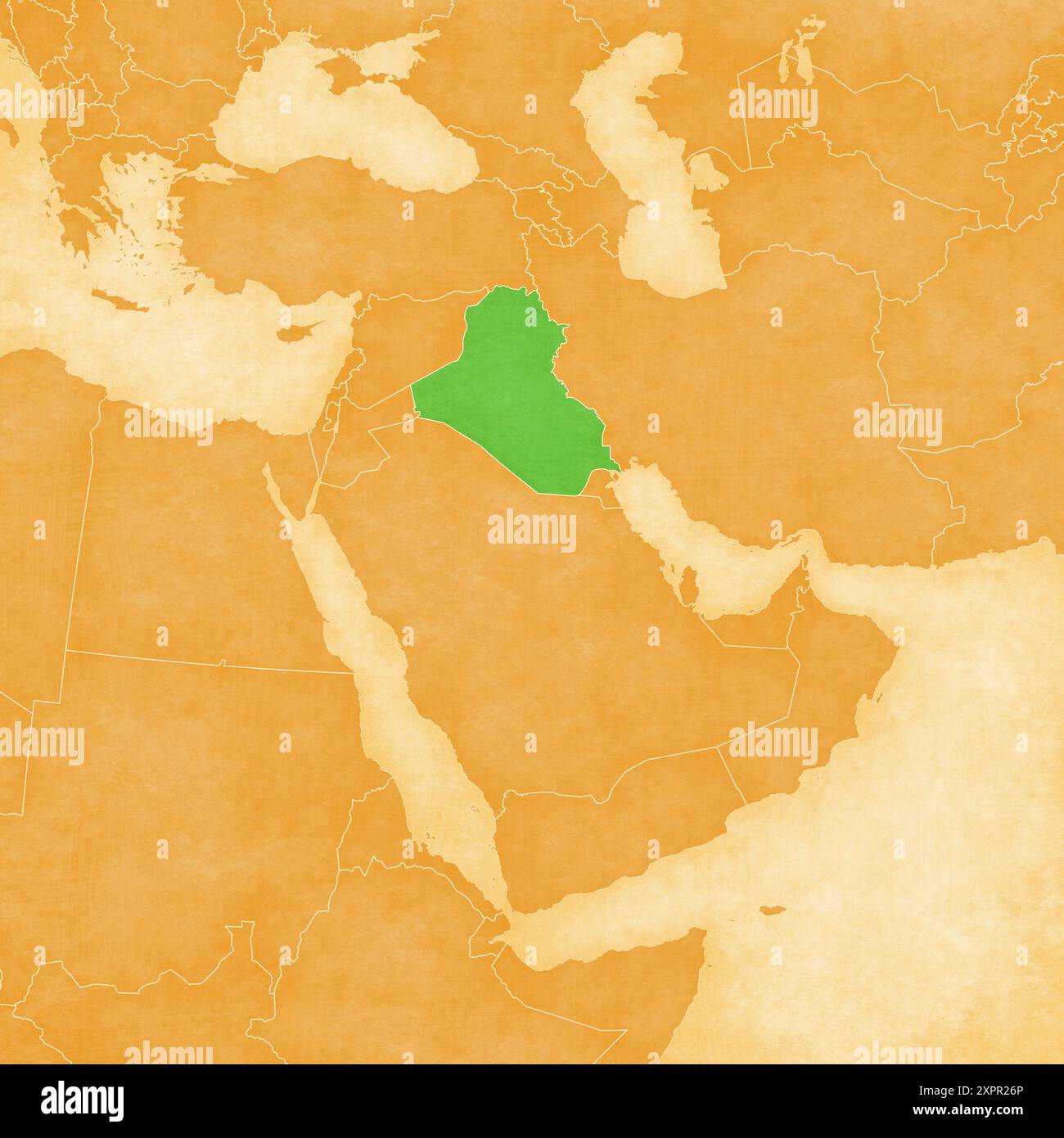 Iraq on an ocher retro map of Middle East (Western Asia) on old vintage ...