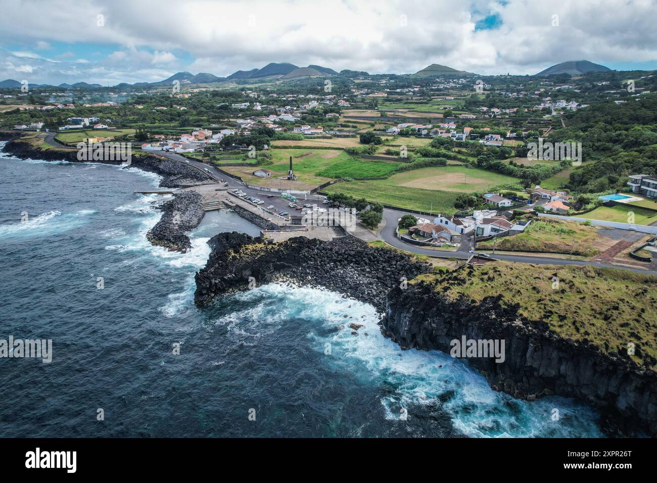Aerial view of the volcanic geothermal pools at Pocos de Sao Vicente de ...