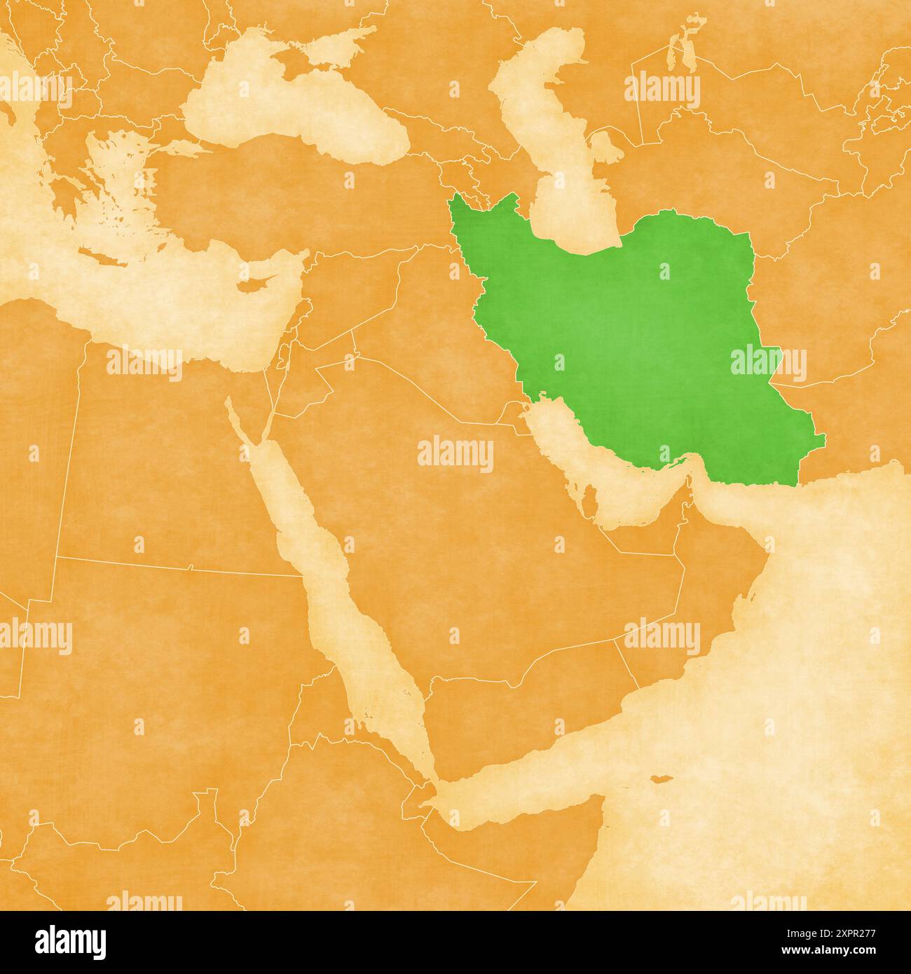Iran on an ocher retro map of Middle East (Western Asia) on old vintage ...