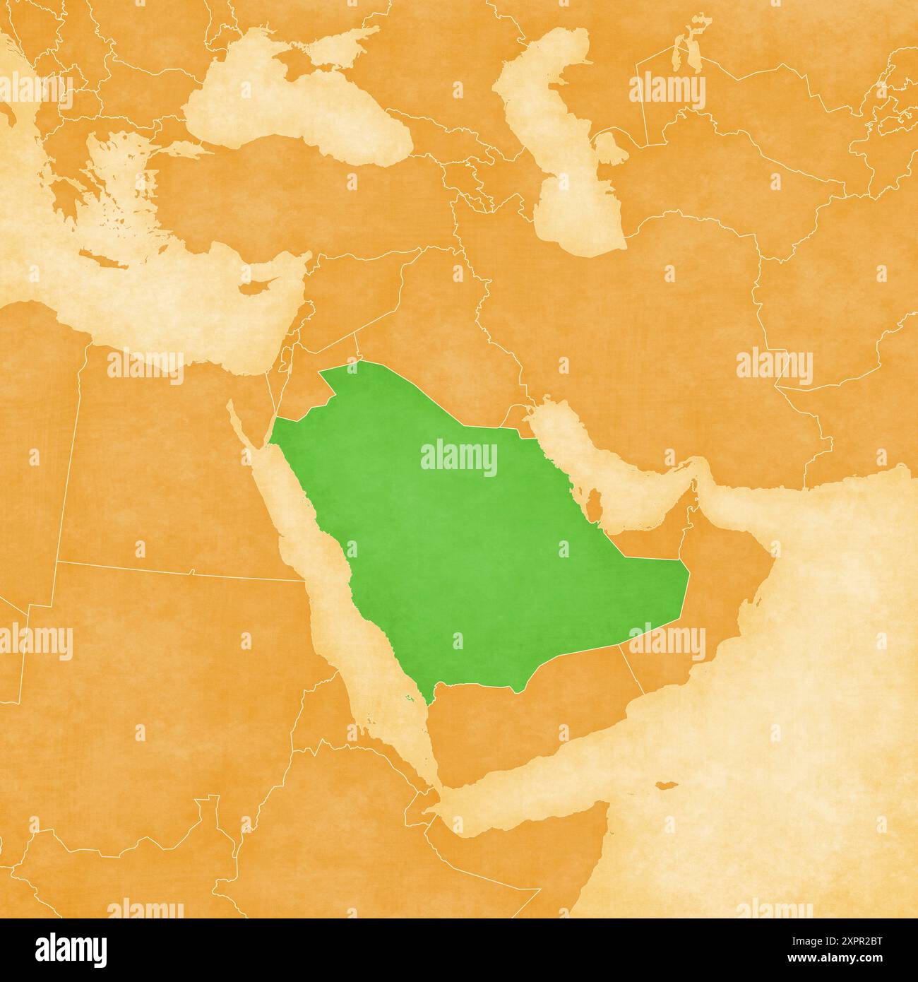 Saudi Arabia on an ocher retro map of Middle East (Western Asia) on old ...