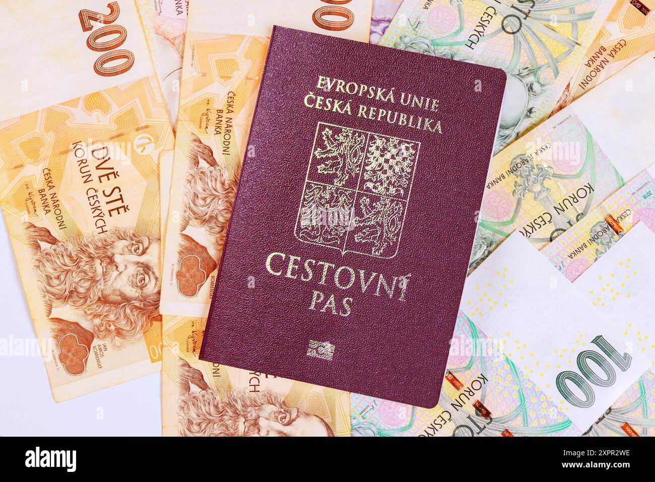 Czech banknotes money of various CZK koruna denominations with Czech ...