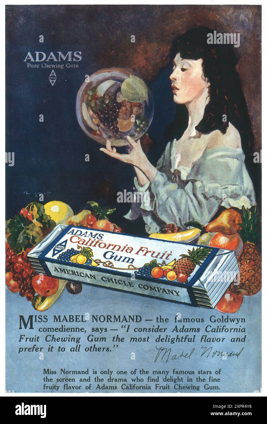 1919 Adams California Fruit Chewing Gum Ad with Mabel Normand Stock ...