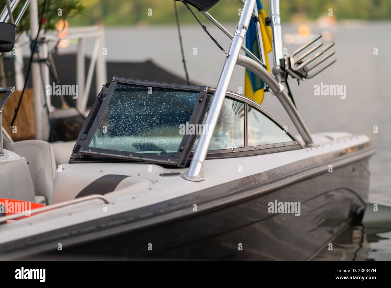 The bow of a river vessel with an opening section of the windshield ...