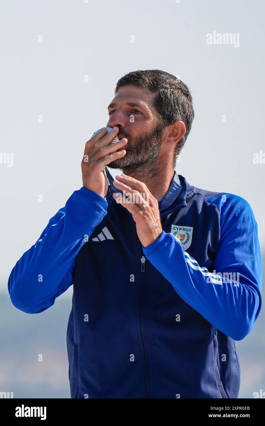 Pavlos Kontides of Cyprus celebrates at the podium after winning his ...