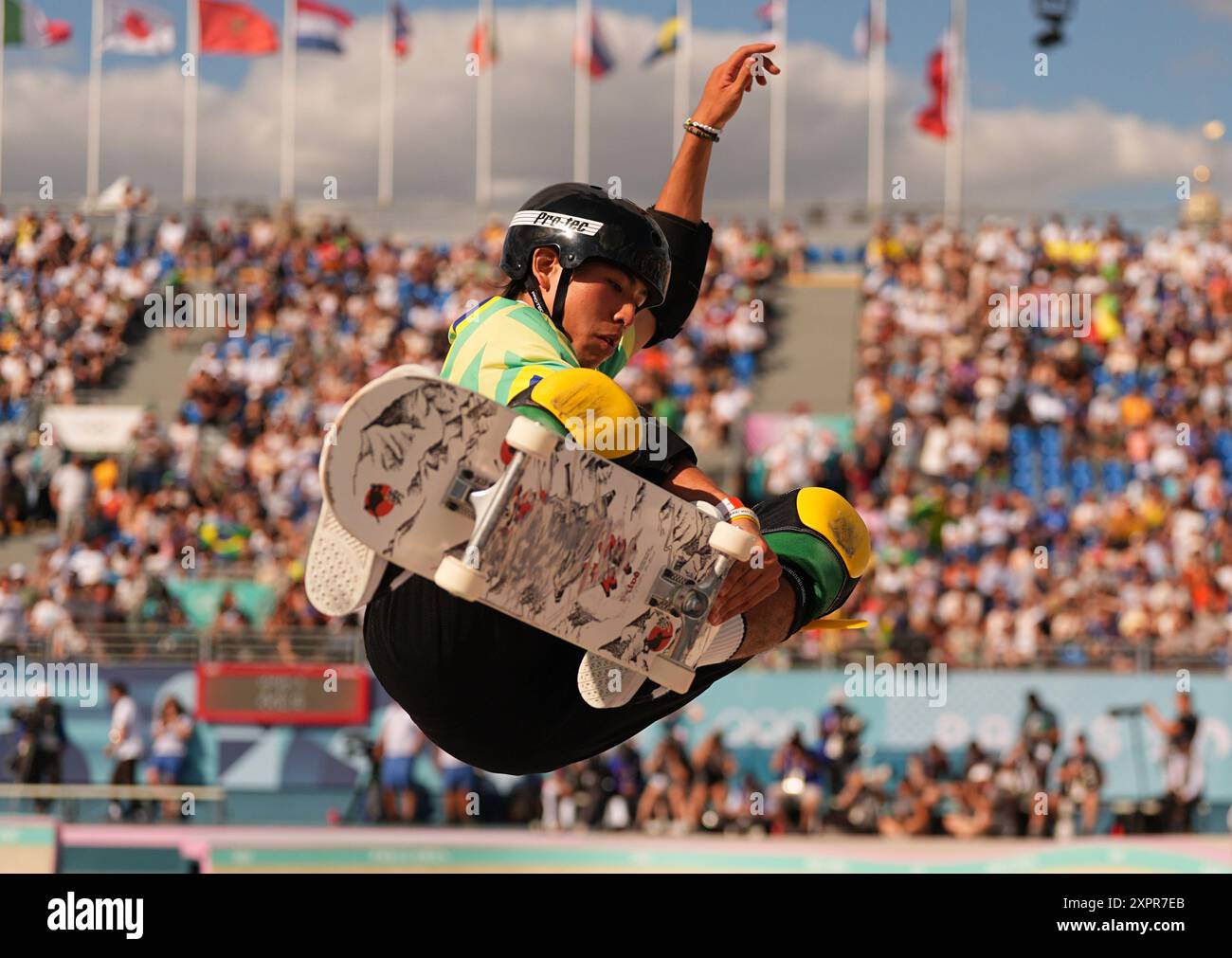 August 07 2024: Augusto Akio (Brazil) competes during the skateboard ...
