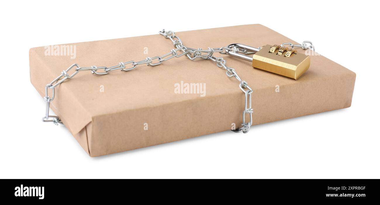 One parcel with chain and padlock isolated on white Stock Photo - Alamy