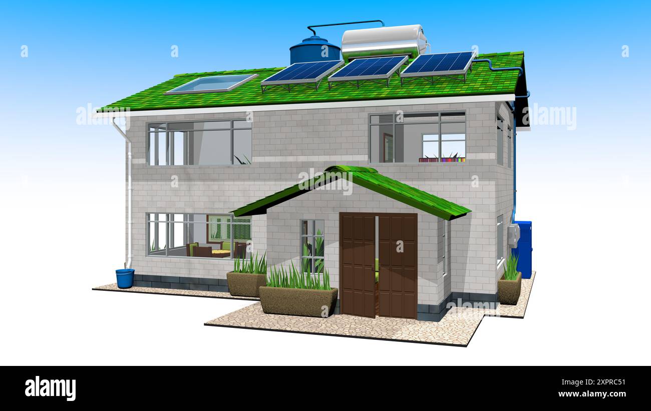 Ecological house with installation of solar panels, hot water system ...