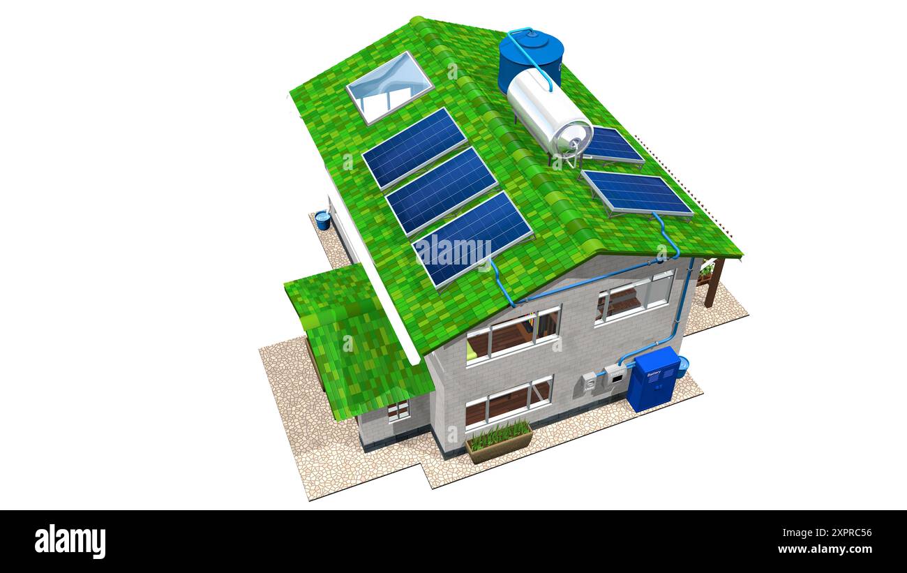 Ecological house with installation of solar panels, hot water system ...