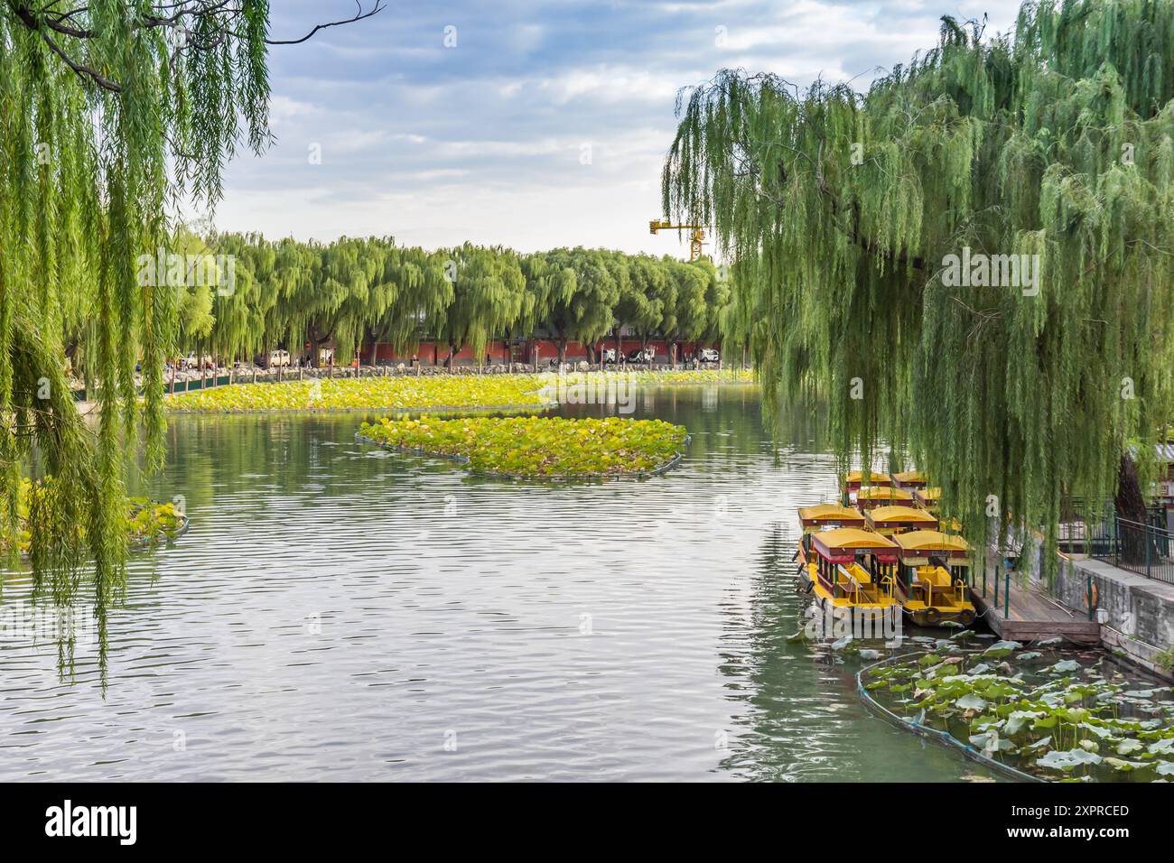 Boats at the jetty under willow trees in Beihai Park in Beijing, China ...