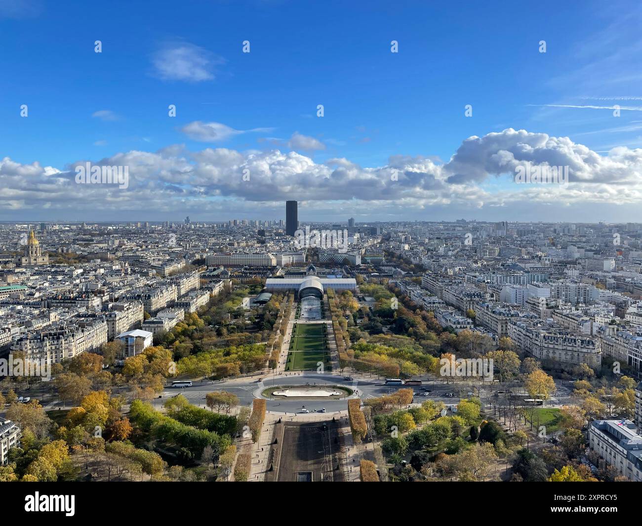 An aerial view of Champ de Mars with a cloudy sky in Paris, France ...