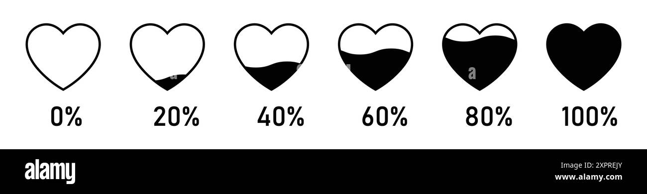 Heart with percentage heart meter level or gauge icon set in liquid ...