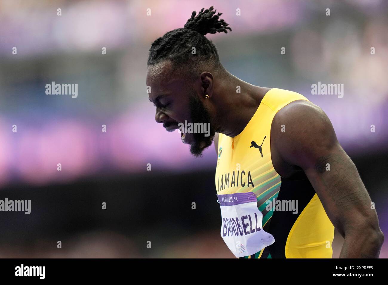 Rasheed Broadbell, of Jamaica, reacts after winning his men's 110 ...