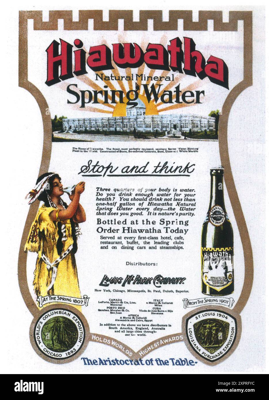 1907 Hiawatha bottled natural mineral spring water ad Stock Photo - Alamy