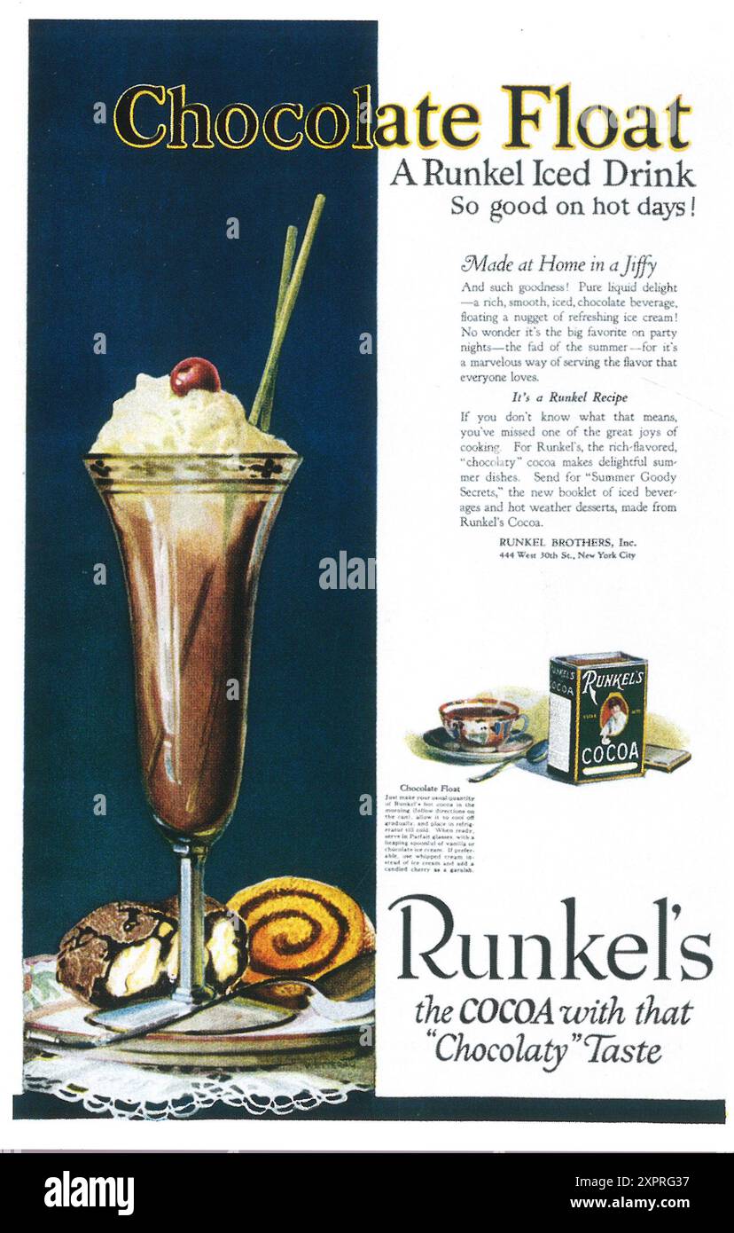 1919 Runkel's Cocoa ad - Chocolate Float Runkel Iced Drink Stock Photo ...