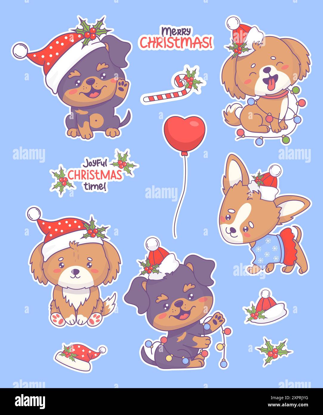 Cute Christmas dogs stickers. Funny pet in Santa hat with garland ...
