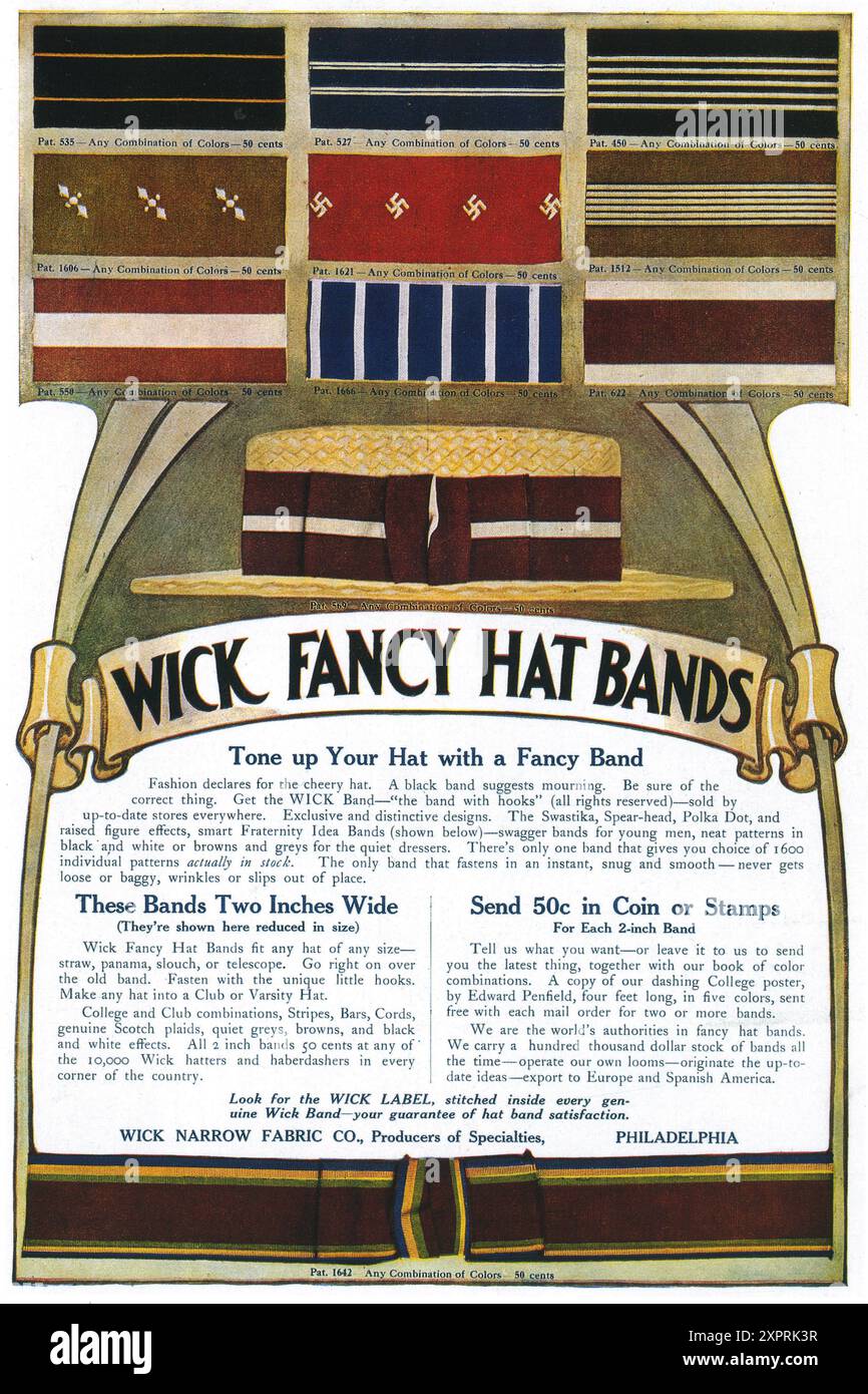 1908 Wick Narrow Fabric Co Philadelphia Hat Bands Ad Stock Photo - Alamy