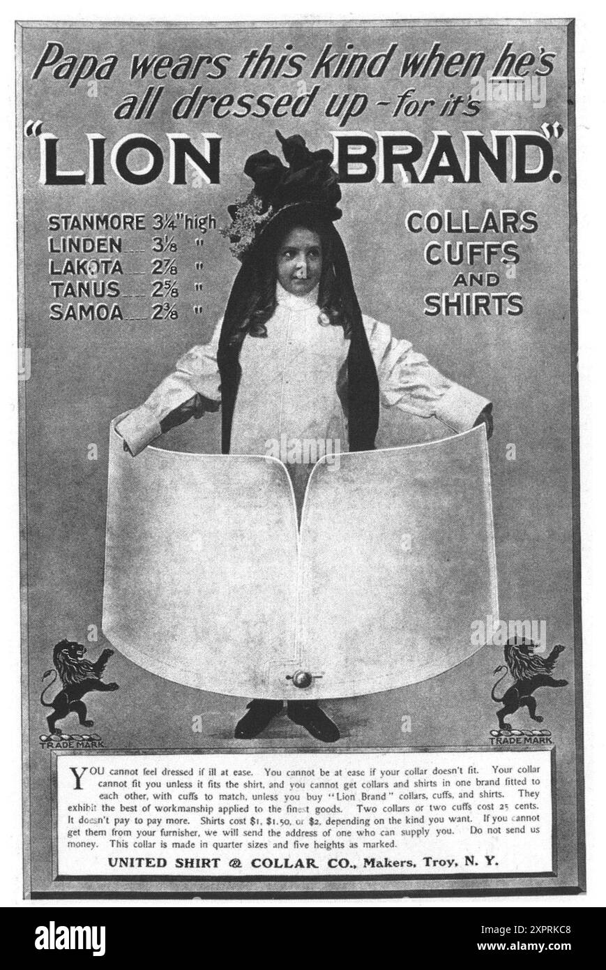 1900 Lion Brand Collars Ad - "Papa wears this kind when he's all ...