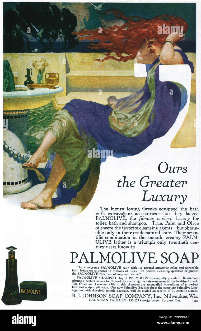 1916 Palmolive soap ad - Woman washing hair in Greek bath Stock Photo ...