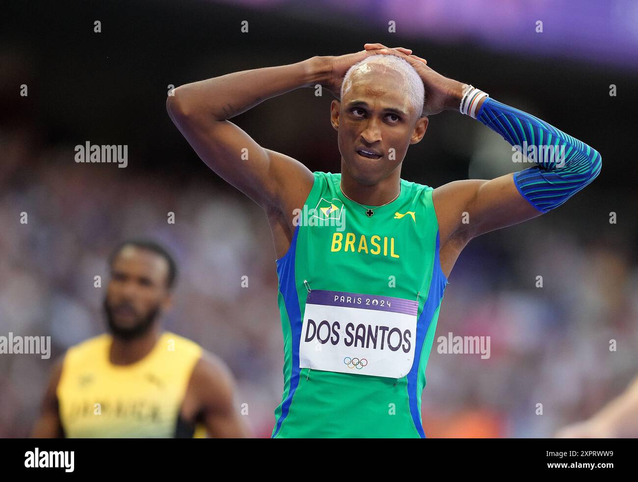Paris, France. 7th Aug, 2024. Alison dos Santos of Brazil reacts after ...