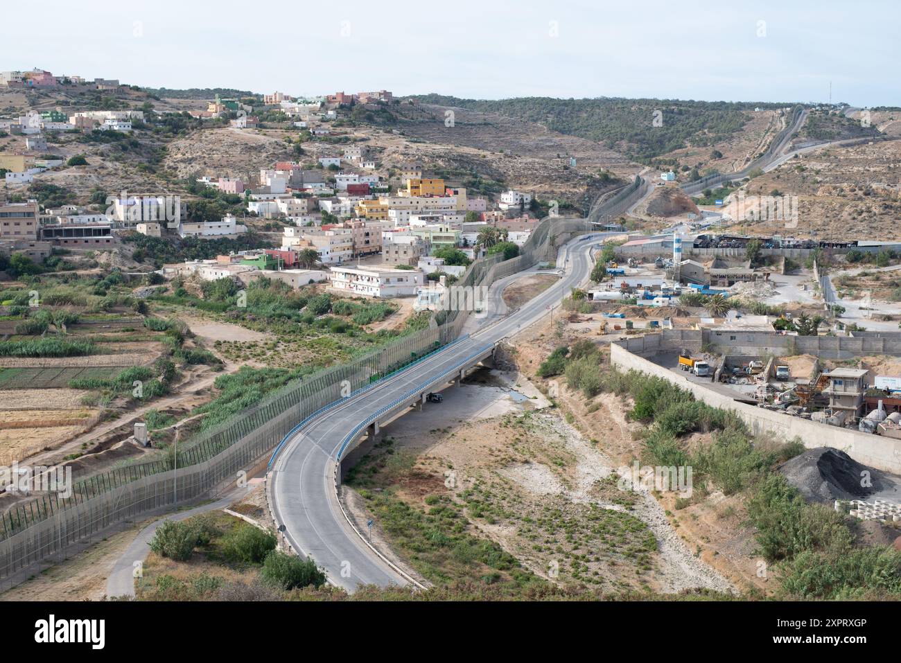 Aerial view of the six-meter high wire border fences in Melilla, Spain ...