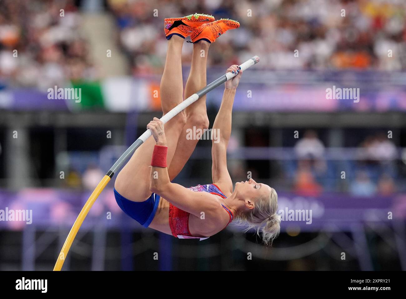 Katie Moon, of the United States, competes in the women's pole vault ...