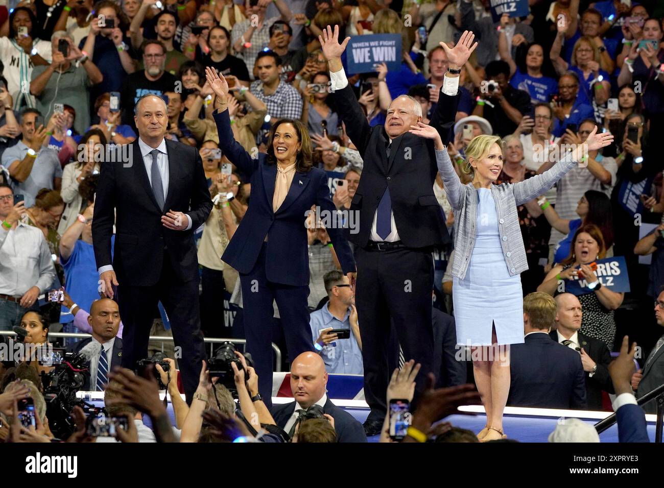 Pa. 06th Aug, 2024. Douglas Emhoff, Kamala Harris, Tim Walz, Gwen Walz ...