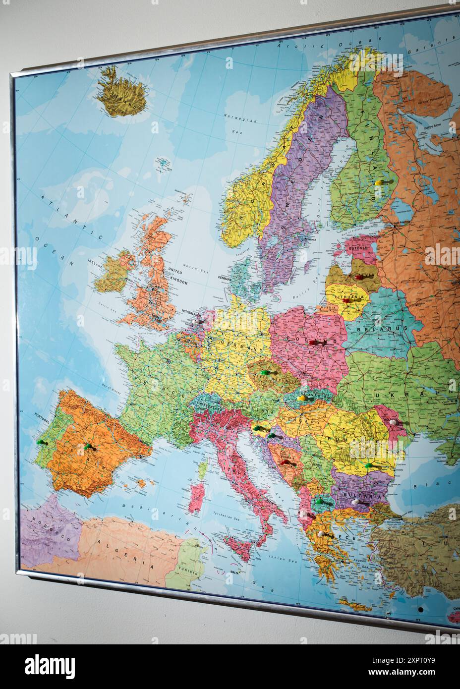 A high-resolution map of Europe displayed on a wall inside the office of the European Union ...