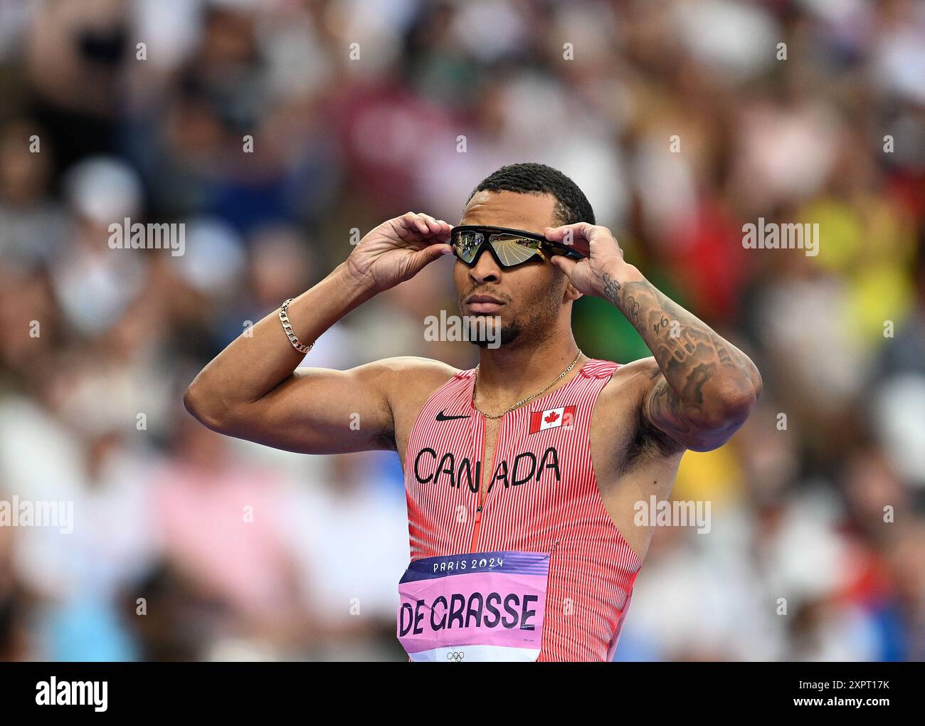Paris, France. 7th Aug, 2024. Andre de Grasse of Canada reacts before ...