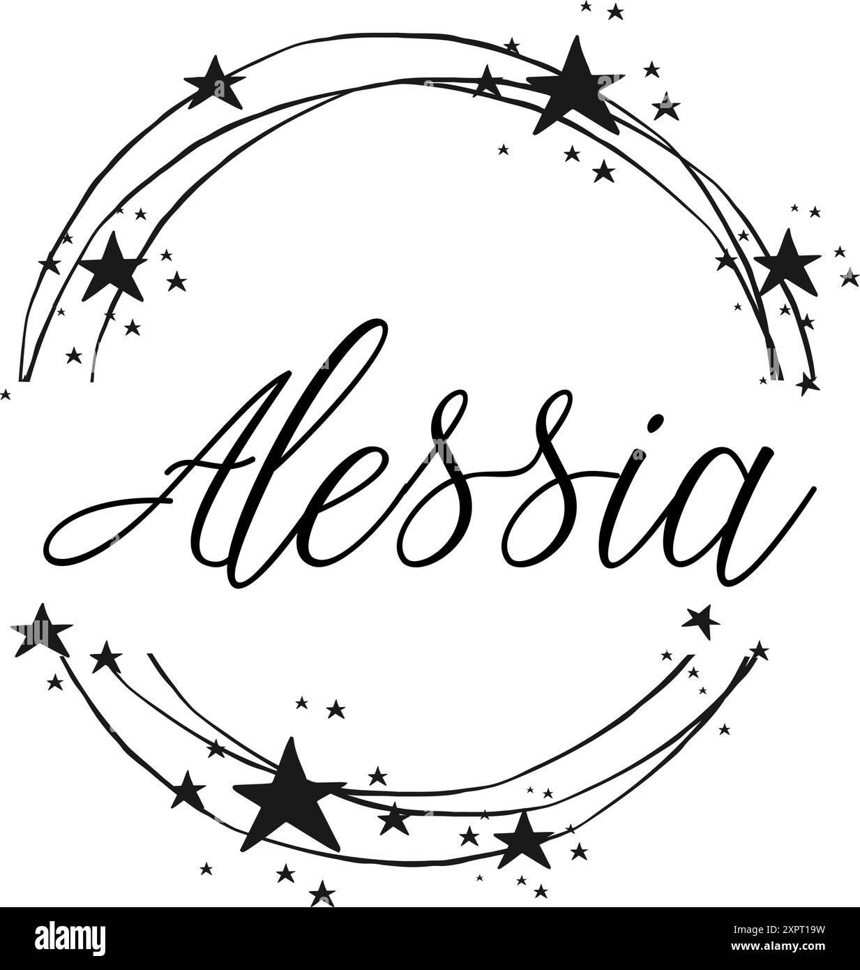 Alessia - name written between circles and stars, round logo, vector ...