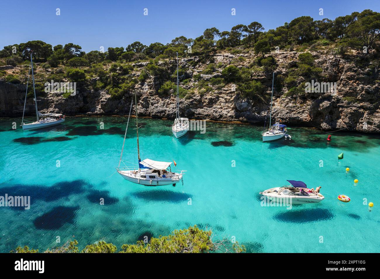 yachts anchored, Cala Pi, Llucmajor, Migjorn region. Mallorca. Balearic ...