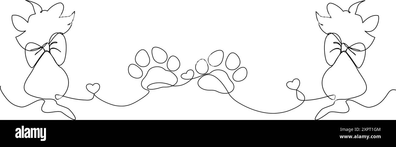 Continuous line with sitting cat, paw prints, heart. Muzzle, Love for ...
