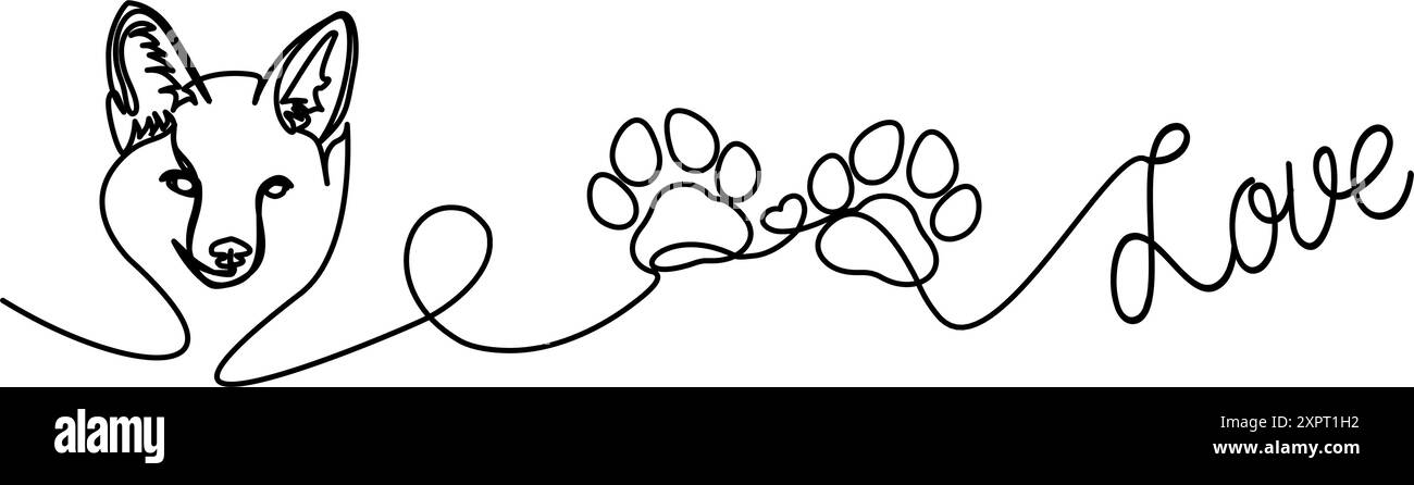 One continuous single line drawing of dog and dog paw with heart and ...